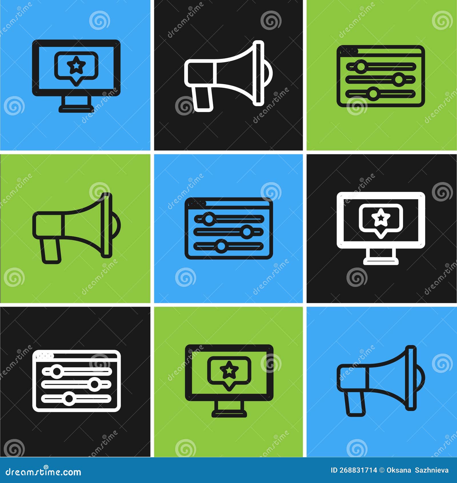 Set Line Monitor with Star, Browser Setting and Megaphone Icon. Vector ... Set Line Monitor with Star, Browser Setting and Megaphone Icon. Vector ...