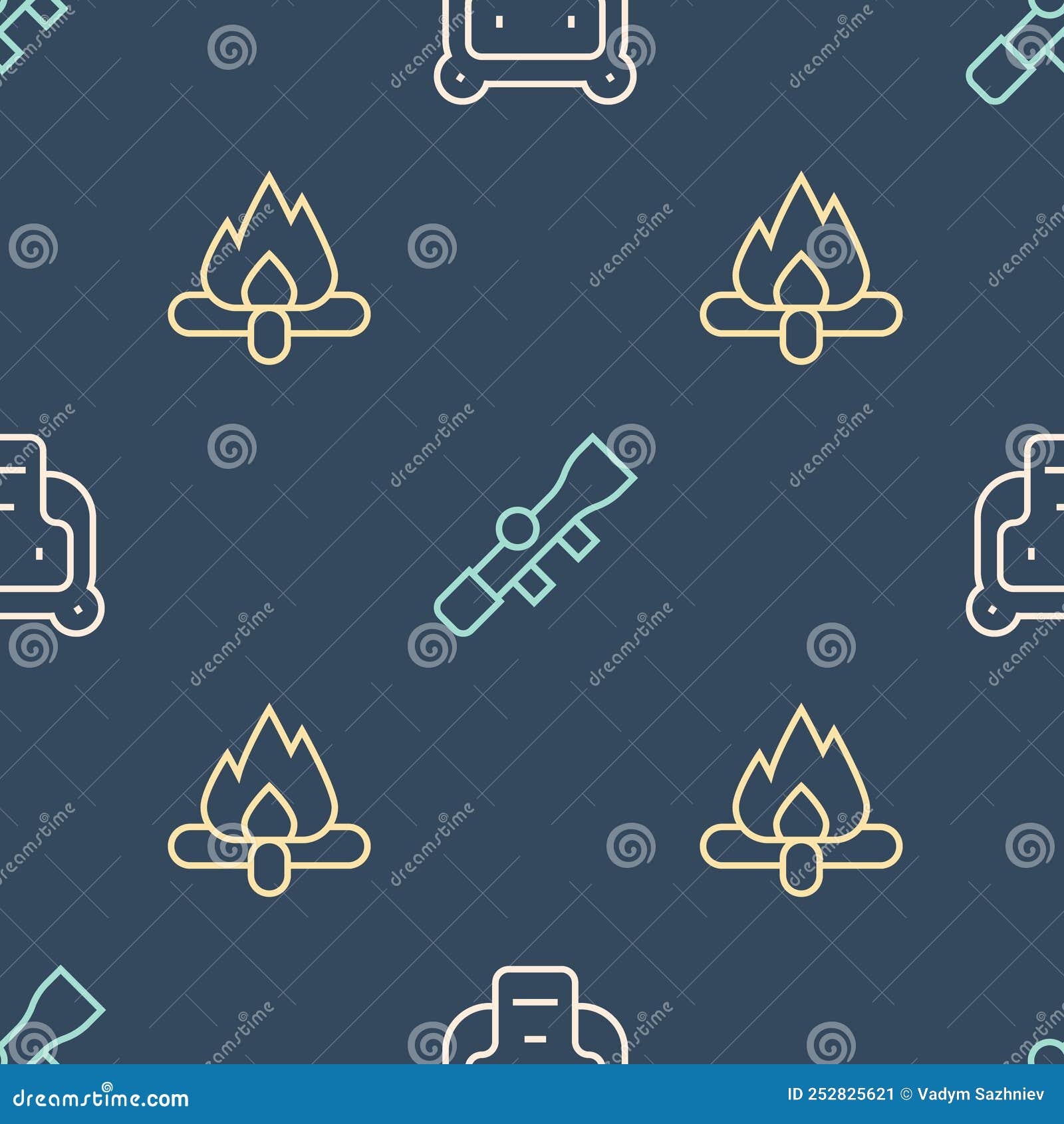 Set Line Monkey, Campfire and Sniper Optical Sight on Seamless Pattern ...