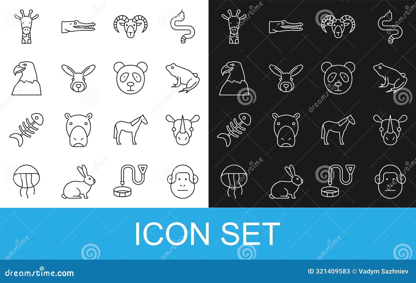 Set Line Monkey, Rhinoceros, Frog, Head of Goat or Ram, Rabbit Head ...
