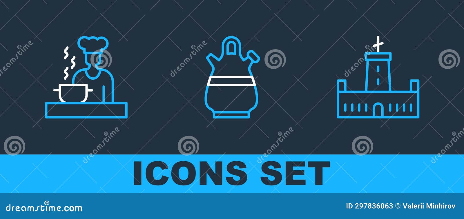 Set Line Montjuic Castle, Spanish Cook and Sangria Pitcher Icon. Vector ...
