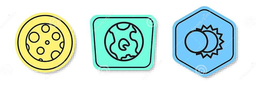 Set Line Moon, Earth Globe and Eclipse of the Sun. Colored Shapes Stock ...