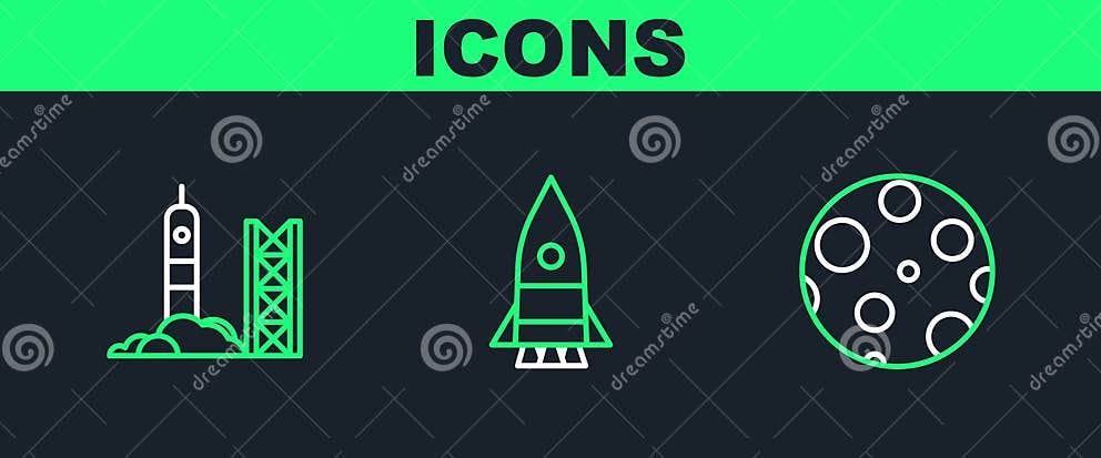 Set Line Moon, Rocket Launch from the Spaceport and Ship Icon. Vector ...