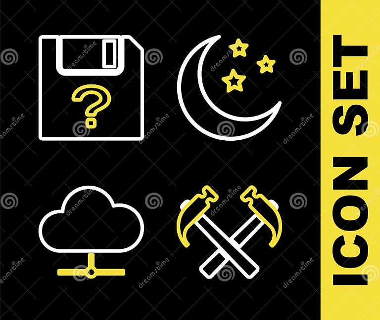 Set Line Moon and Stars, Two Crossed Hammers, Network Cloud Connection and Unknown Document Icon ...