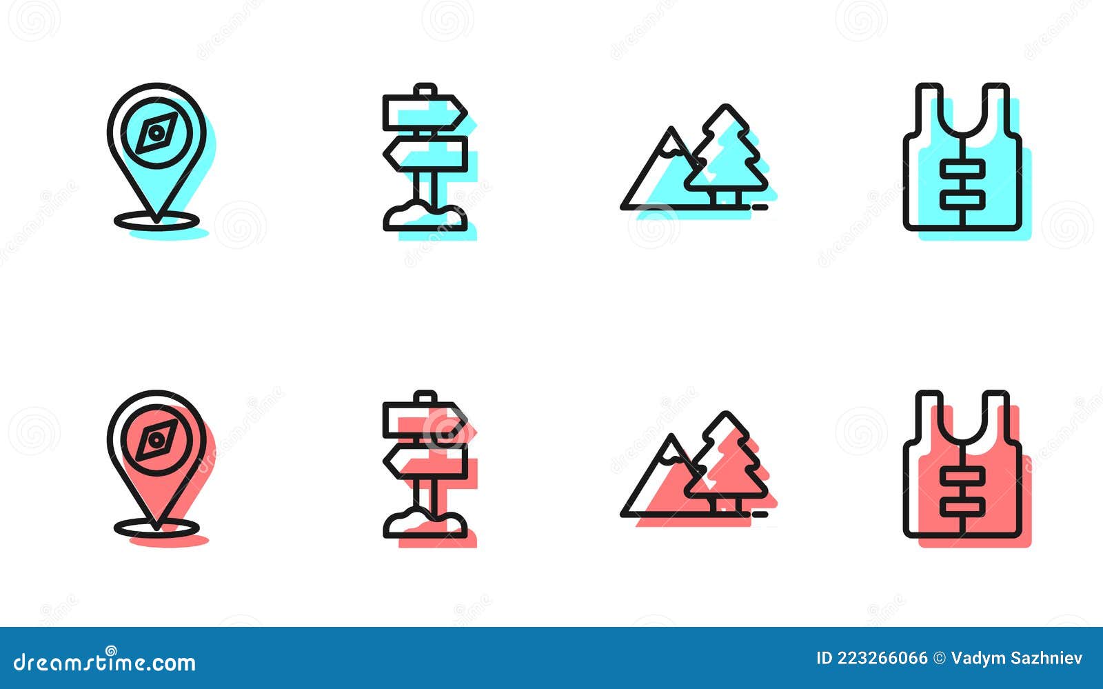 Set Line Mountains with Tree, Compass, Road Traffic Signpost and Life ...
