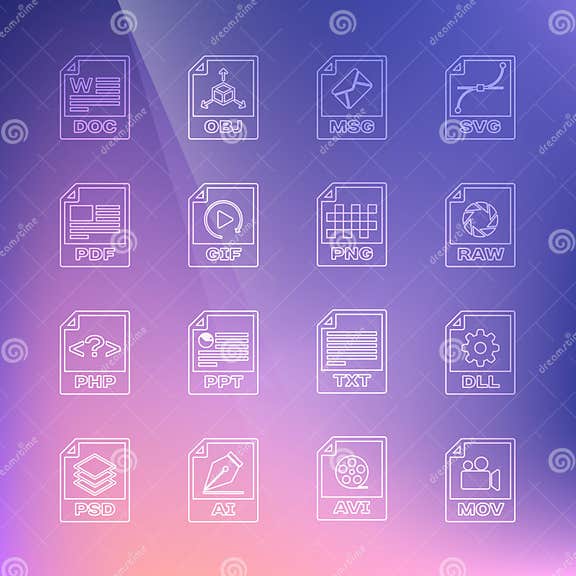 Set Line Mov File Document Dll Raw Msg Gif Pdf Doc Y Png Icono. Vector ... Set Line Mov File Document Dll Raw Msg Gif Pdf Doc Y Png Icono. Vector ...