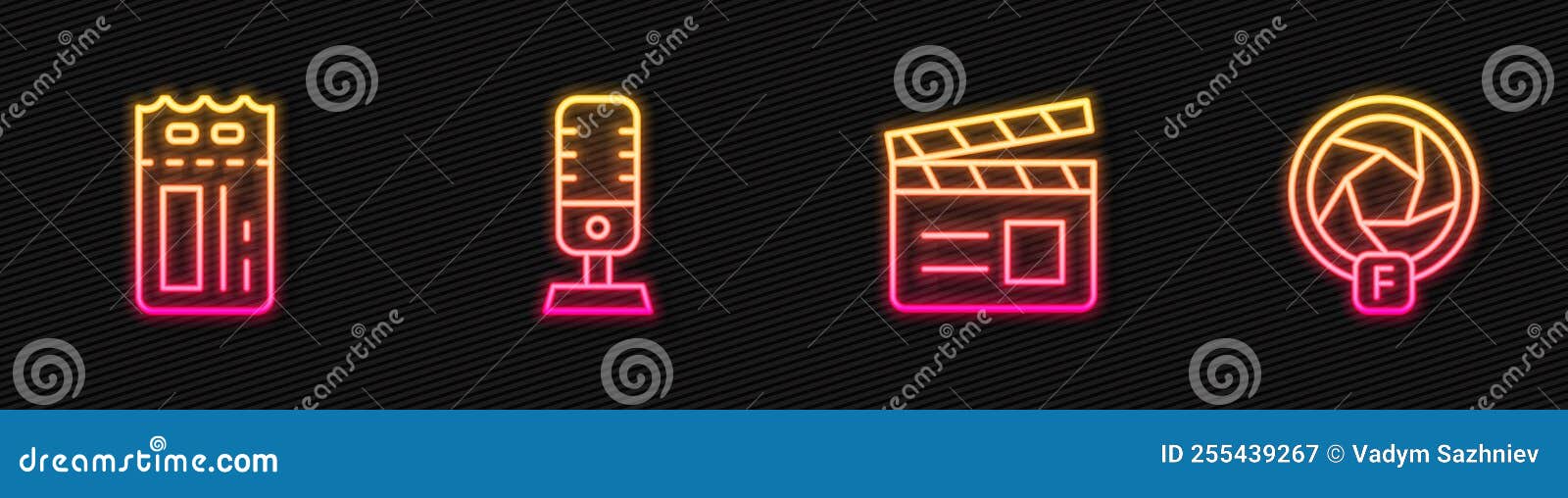 Set Line Movie Clapper, Cinema Ticket, Microphone and Camera Shutter ...