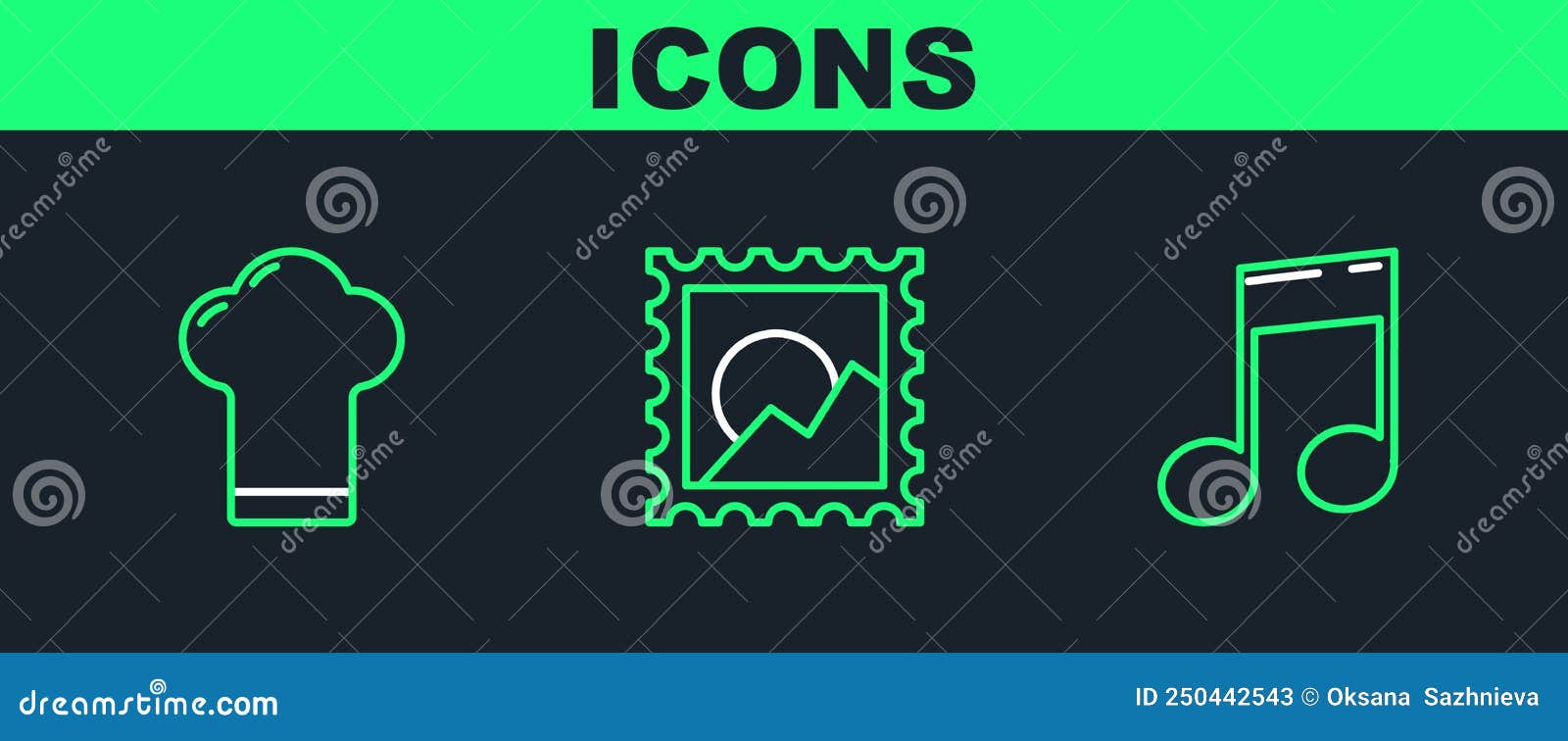 Set Line Music Note, Tone, Chef Hat and Picture Landscape Icon. Vector ...