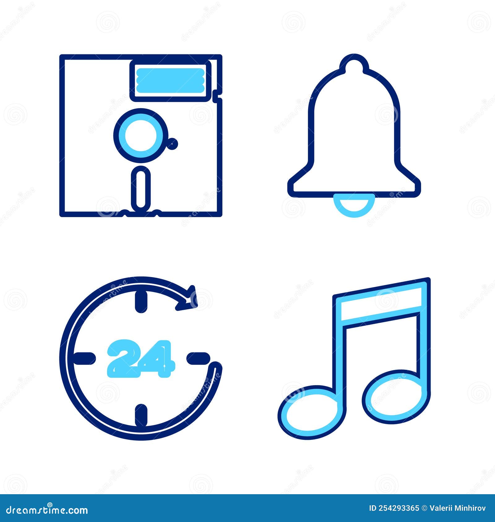 Set Line Music Note, Tone, Clock 24 Hours, Ringing Bell and Floppy Disk ...