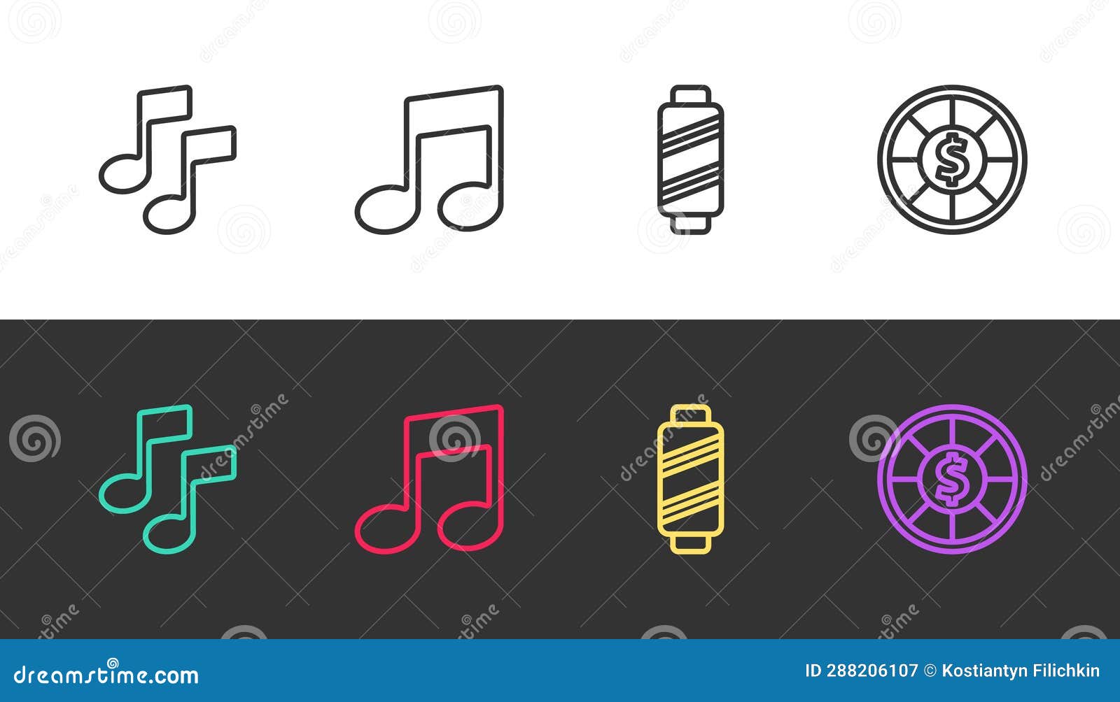 Set Line Music Note, Tone, , Sewing Thread Spool and Casino Chips on ...