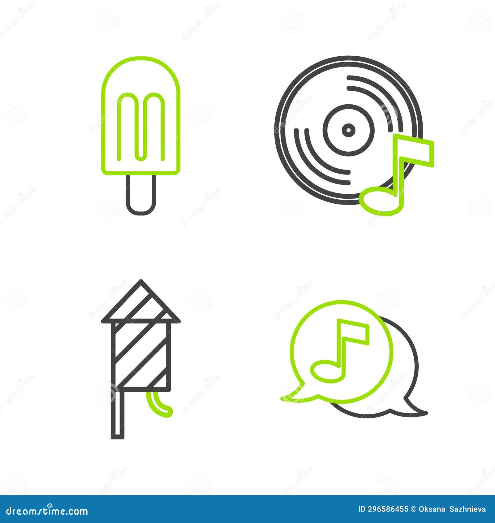 Set Line Musical Note in Speech Bubble, Firework Rocket, Vinyl Disk and ...