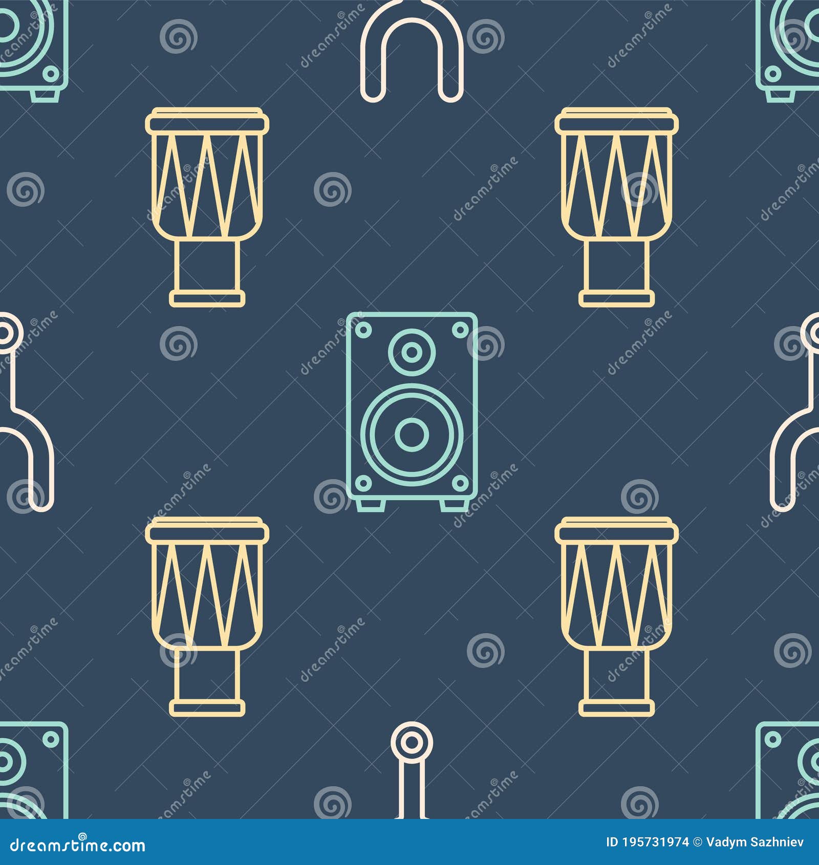 Set Line Musical Tuning Fork, Drum and Stereo Speaker on Seamless ...