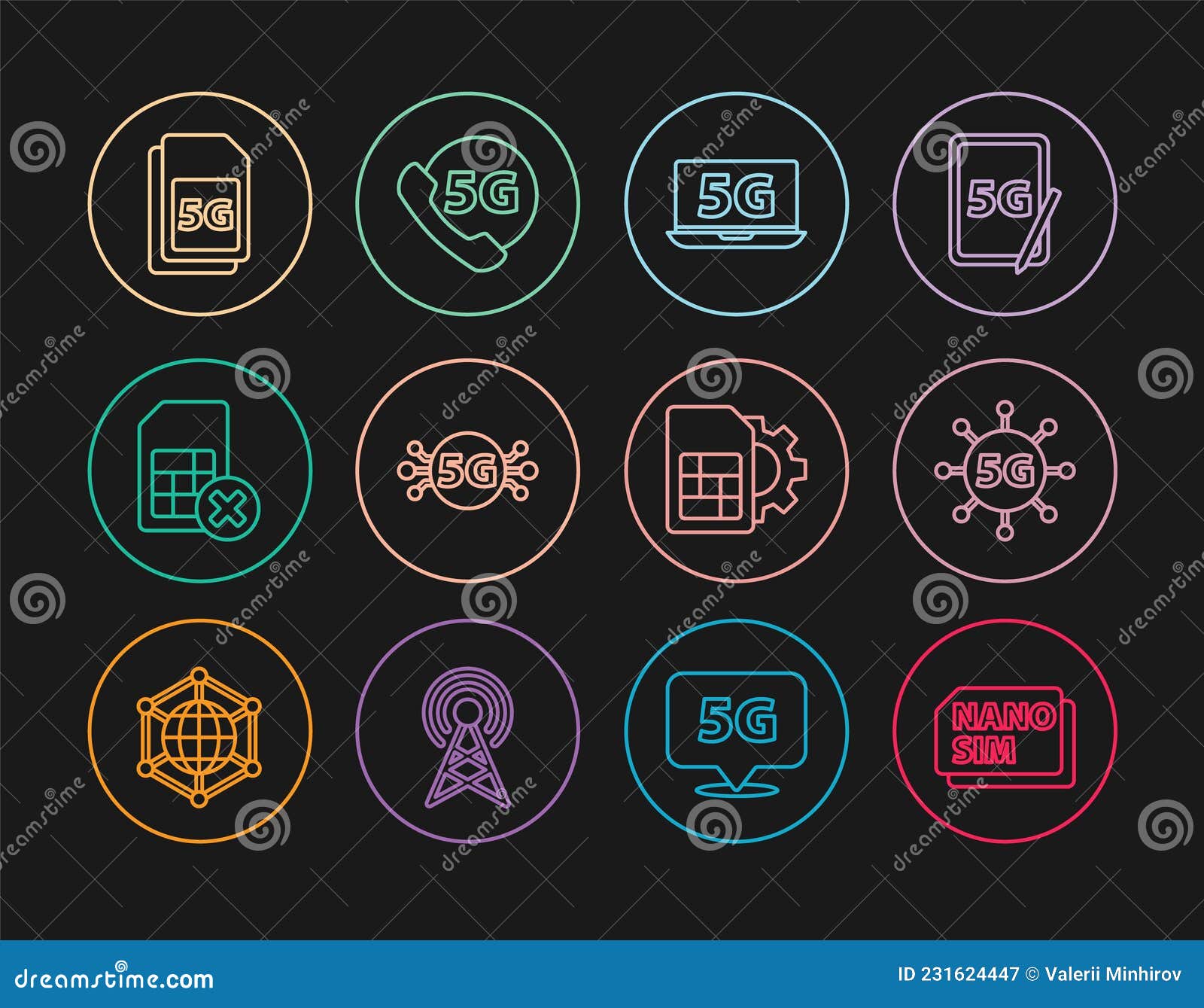 Set Line Nano Sim Card, 5G Network, Laptop with, Card Rejected, Setting and Phone Icon. Vector ...