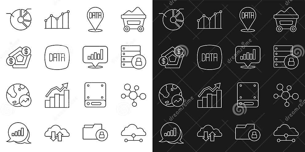 Set Line Network Cloud Connection, Mind Map Infographic, Server Security with Padlock, Data ...