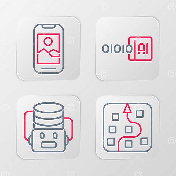 Set Line Neural Network Artificial Intelligence Robot Binary Code And Mobile Phone Icon