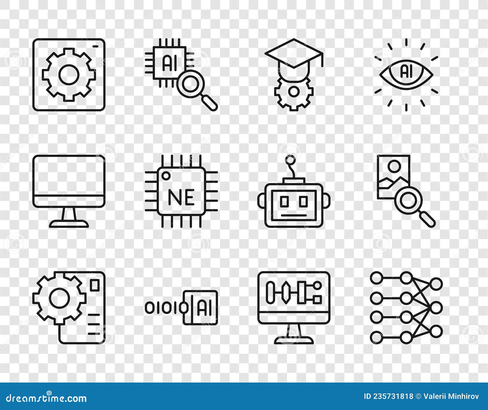 Set Line Neural Network Graduation Cap Binary Code Computer Api Interface Processor Cpu