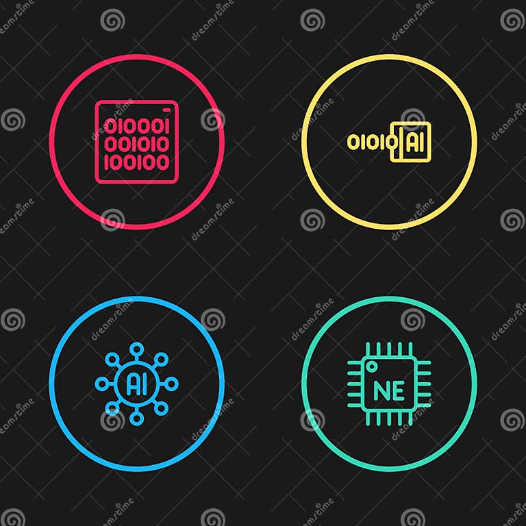 Set Line Neural Network Processor Cpu Binary Code And Icon Vector Stock Vector Illustration