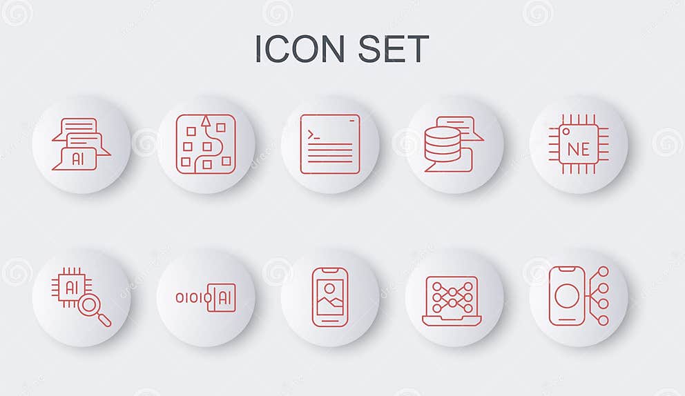 Set Line Neural Network Processor Cpu Web Developer Programming Code Chat Bot Binary And