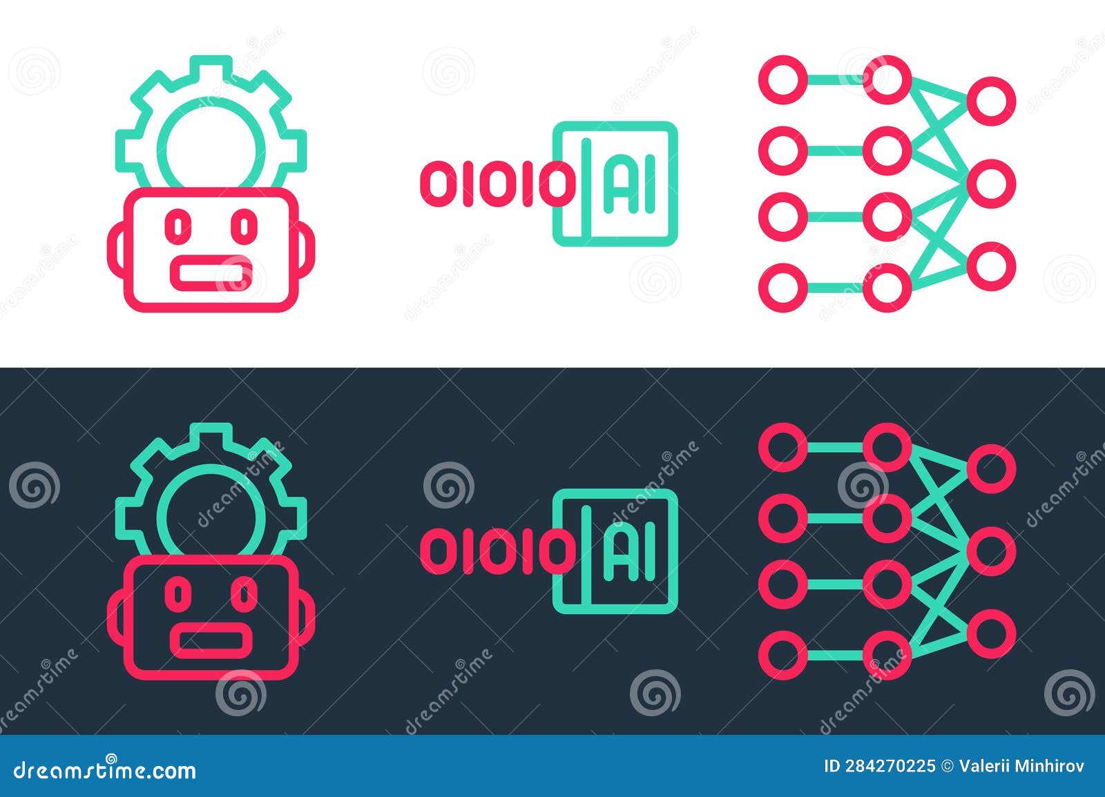 Set Line Neural Network Robot Setting And Binary Code Icon Vector Stock Illustration