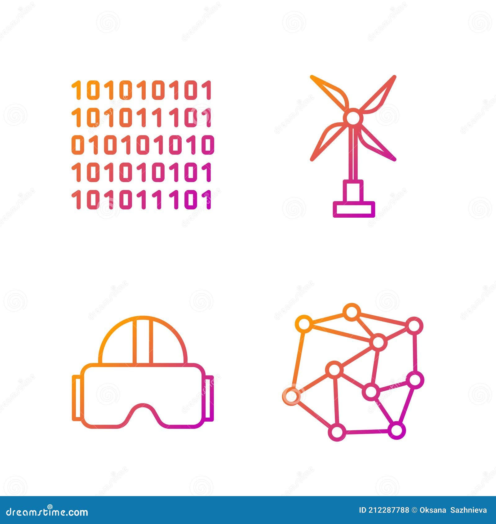 Set Line Neural Network, Virtual Reality Glasses, Binary Code and Wind ...