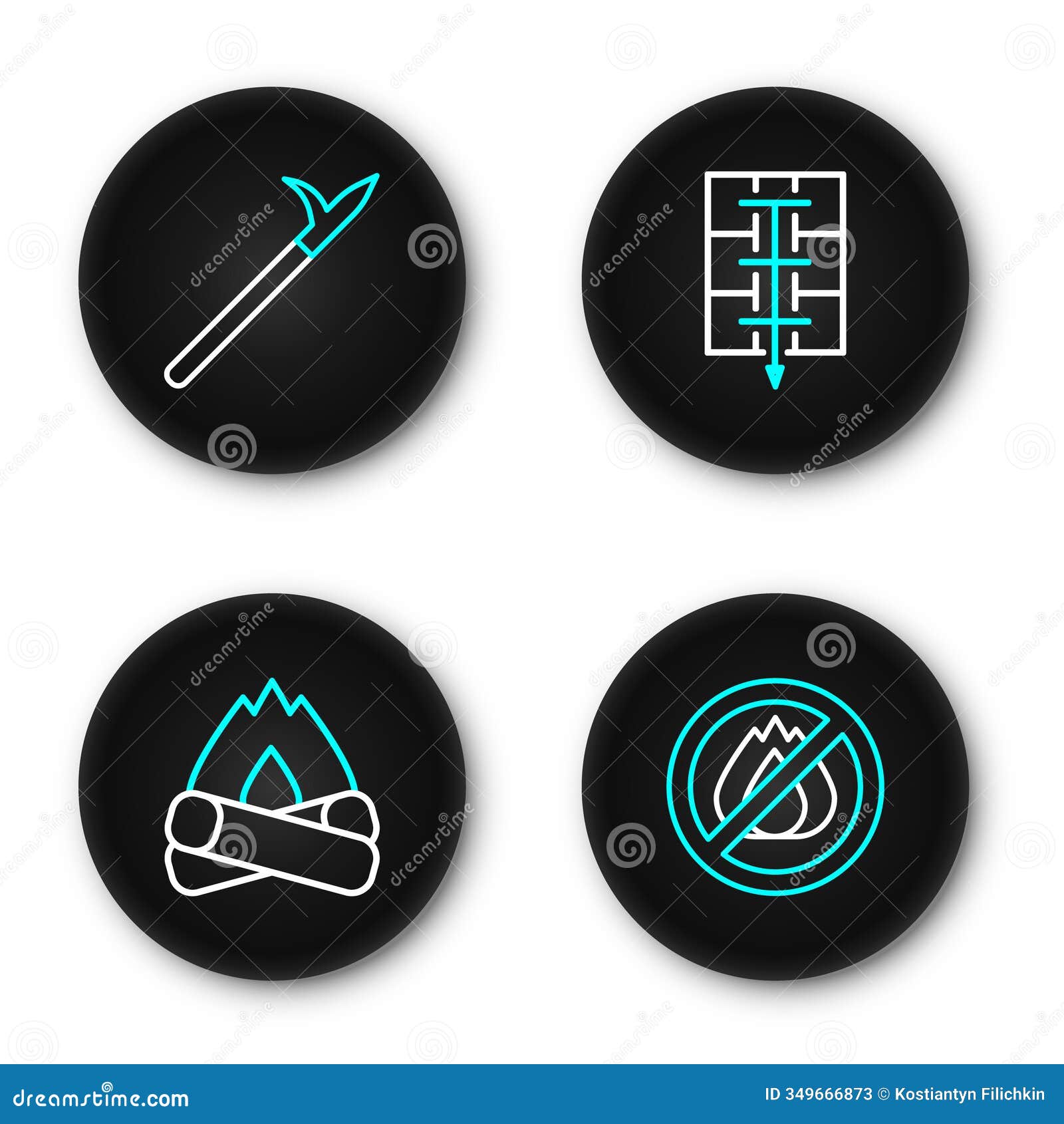 Set Line No Fire, Campfire, Evacuation Plan and Metal Pike Pole Icon ...