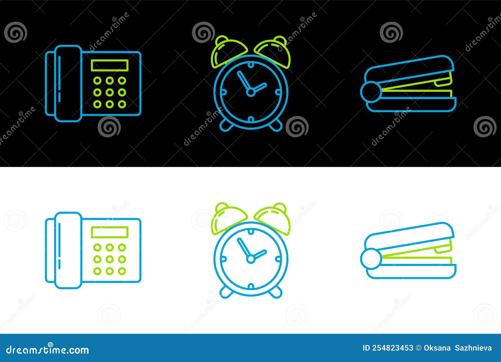 Set Line Office Stapler, Telephone and Alarm Clock Icon. Vector Stock ...