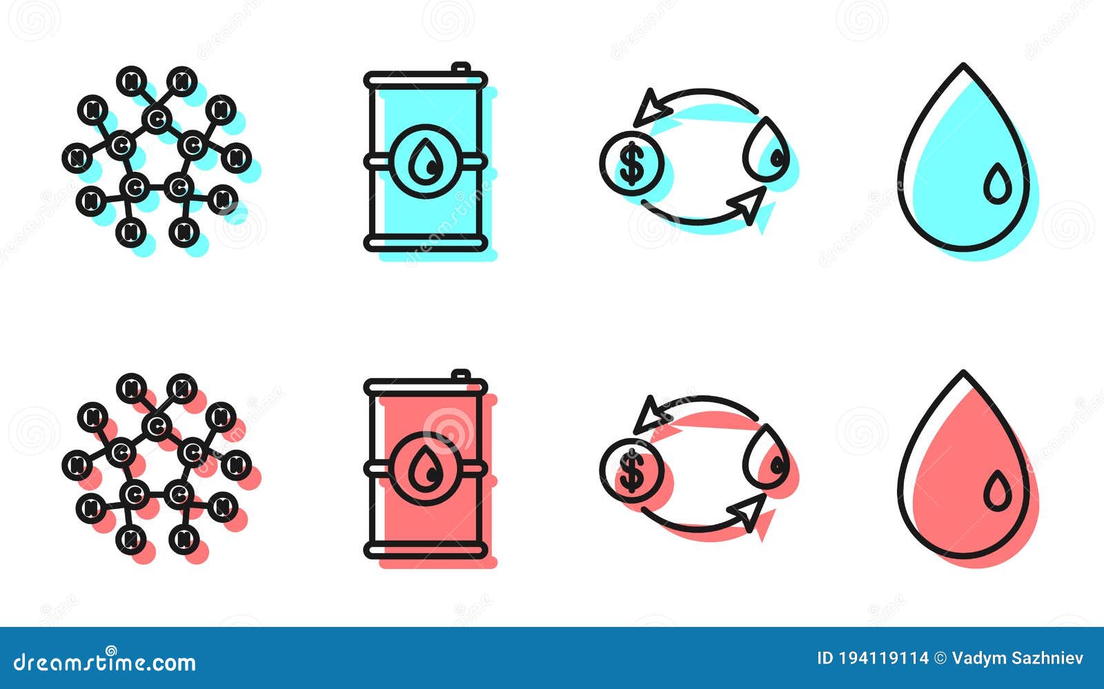 Set Molecule Oil And Barrel Oil Leak On Seamless Pattern. Vector ...