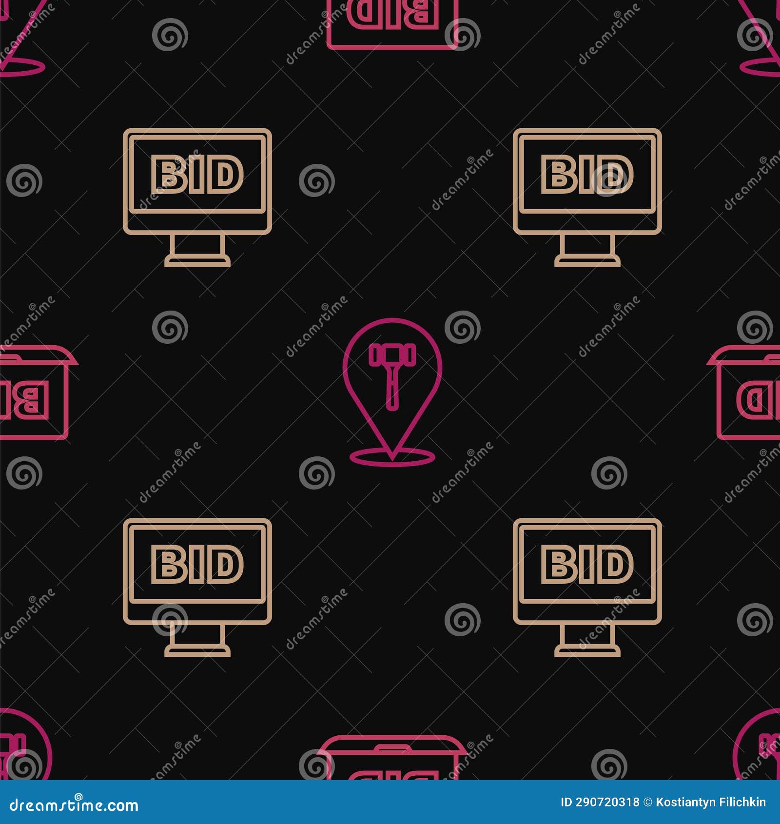 Set Line Online Auction, and Auction Hammer on Seamless Pattern. Vector ...