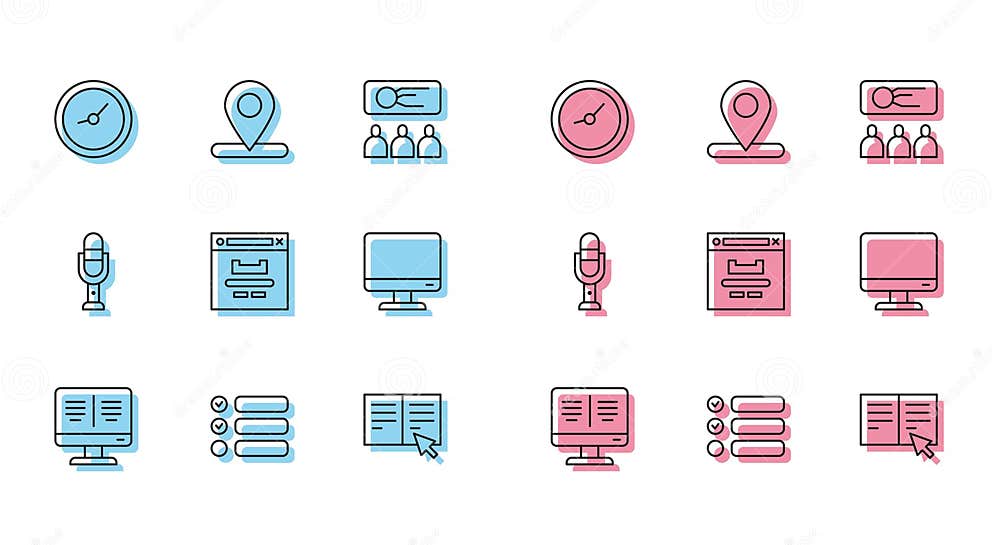 Set Line Online Book on Monitor, Task List, Clock, Browser Window, Computer Screen, Microphone ...