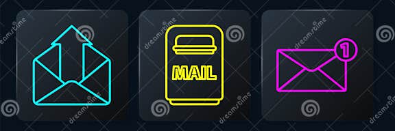 Set Line Outgoing Mail, Envelope and Mail Box. Black Square Button ...