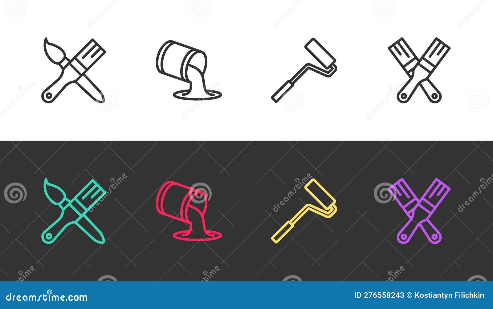Set Line Paint Brush, Bucket, Roller and on Black and White. Vector ...
