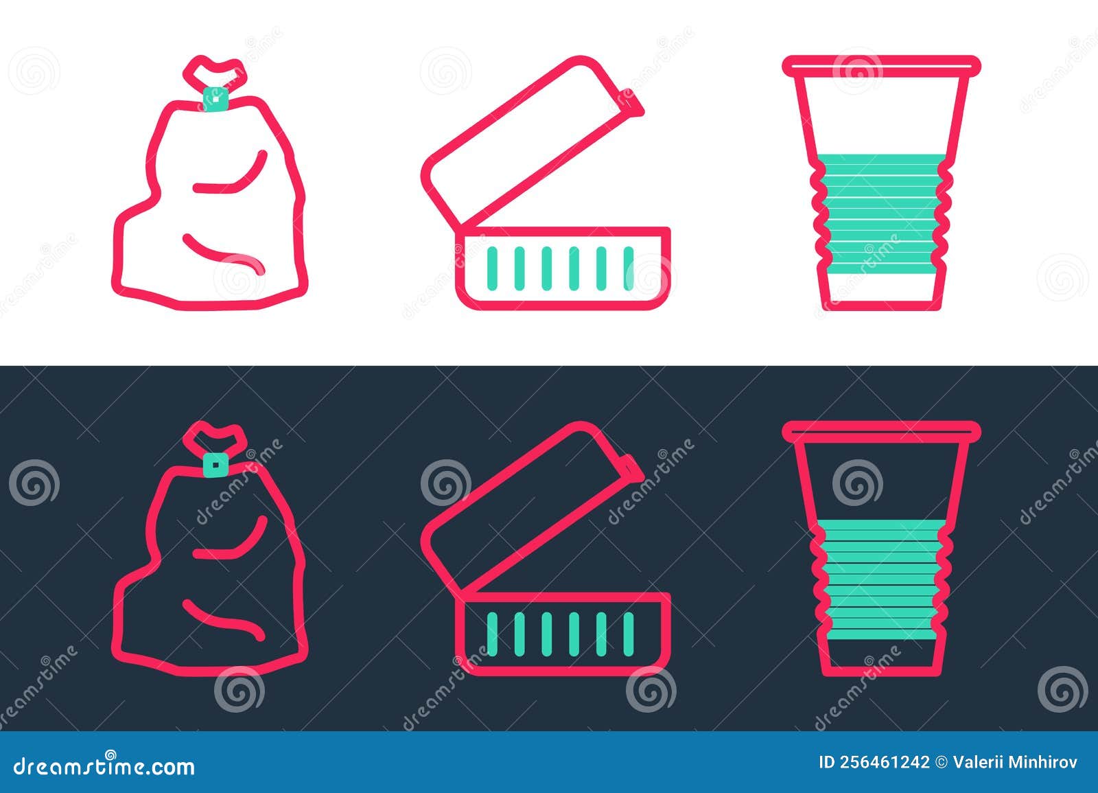 Set Line Paper Glass, Garbage Bag and Lunch Box Icon. Vector Stock ...