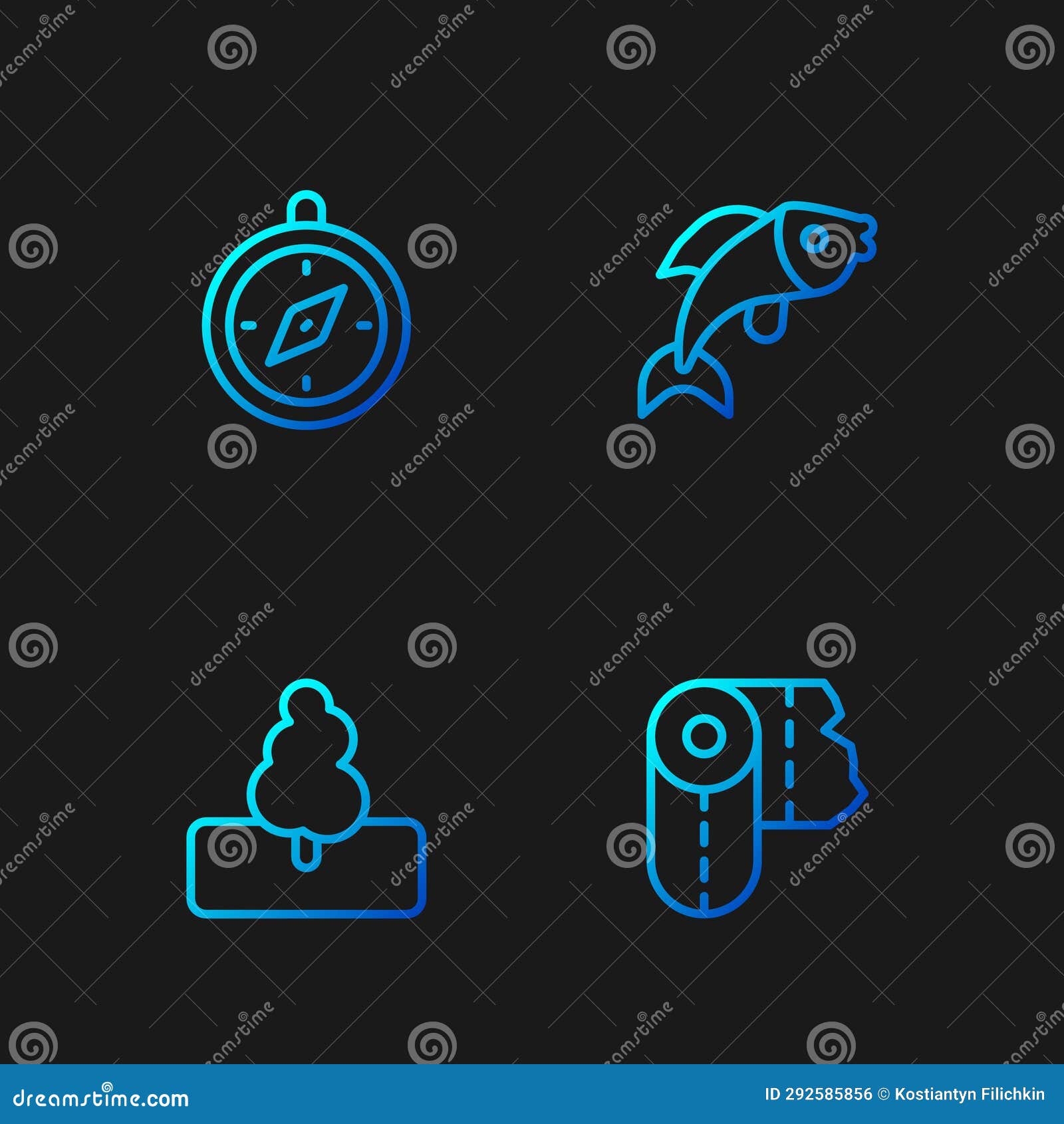 Set Line Paper Towel Roll, Tree, Compass and Fish. Gradient Color Icons ...