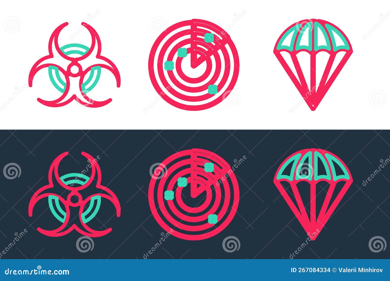 Set Line Parachute, Biohazard Symbol and Radar with Targets Icon ...