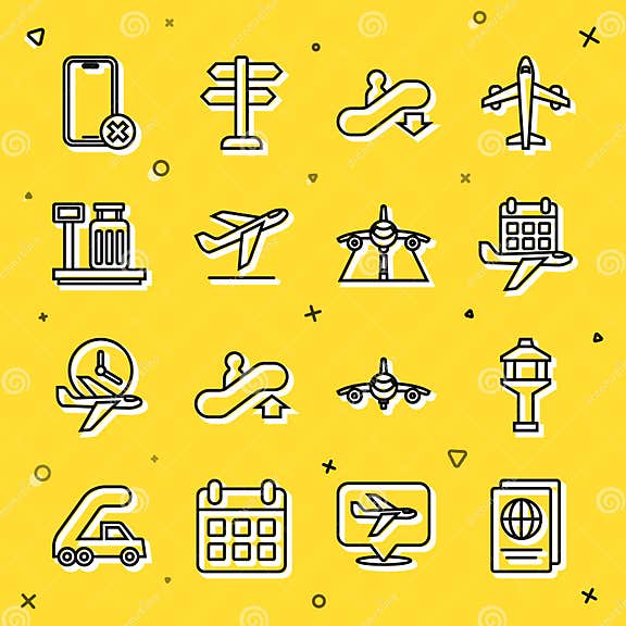 Set Line Passport, Airport Control Tower, Calendar and Airplane ... Set Line Passport, Airport Control Tower, Calendar and Airplane ...