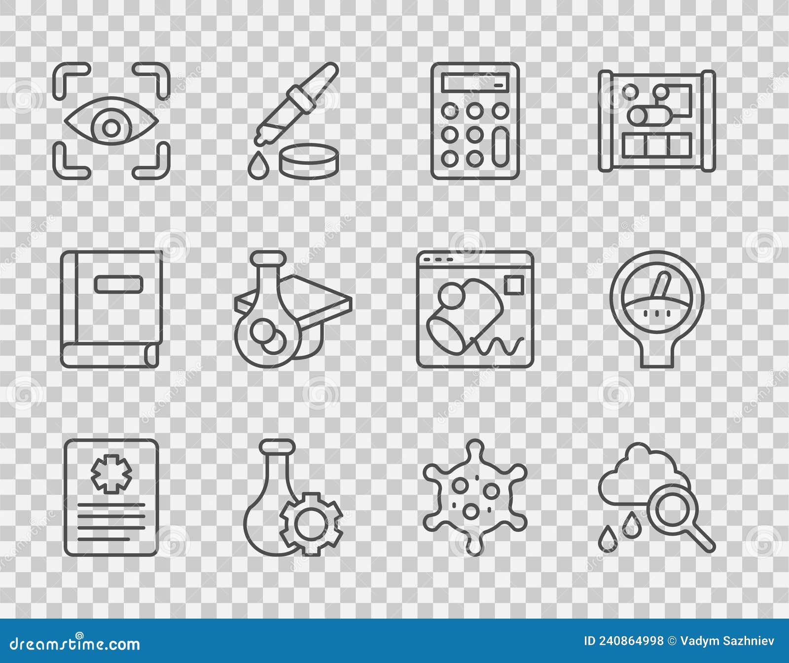 Set Line Patient Record, Cloud with Rain, Calculator, Test Tube, Eye ... Set Line Patient Record, Cloud with Rain, Calculator, Test Tube, Eye ...