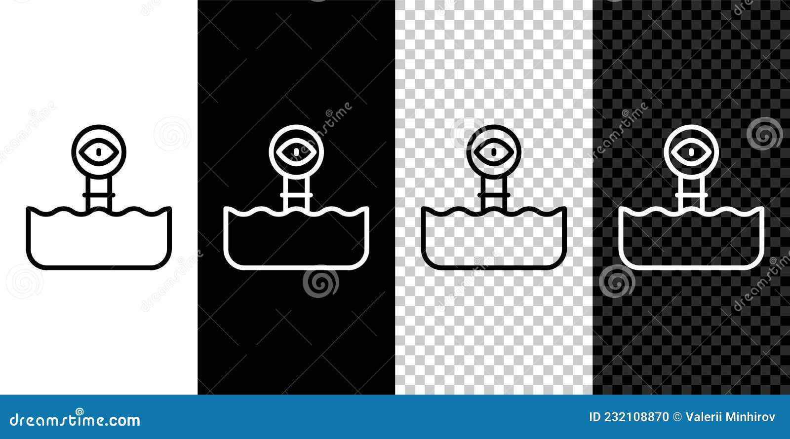 Set Line Periscope in the Waves Above the Water Icon Isolated on Black ...