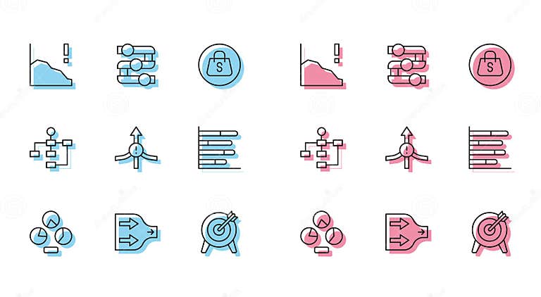 Set Line Pie Chart Infographic, Arrow, Financial Growth Decrease, Target, Hierarchy Organogram ...