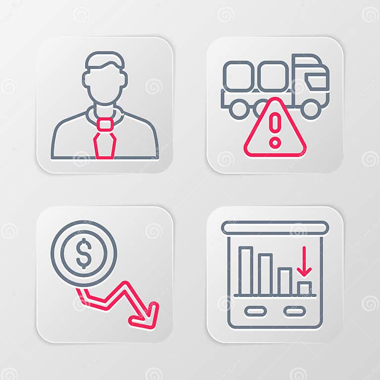 Set Line Pie Chart Infographic, Dollar Rate Decrease, Stop Delivery Cargo Truck and Worker Icon ...