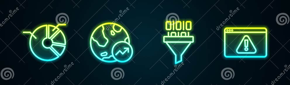 Set Line Pie Chart Infographic, Financial Growth, Binary Code and Browser with Exclamation Mark ...