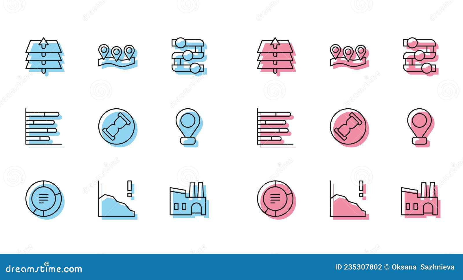 Set Line Pie Chart Infographic, Financial Growth Decrease, Layers, Factory, Old Hourglass with ...