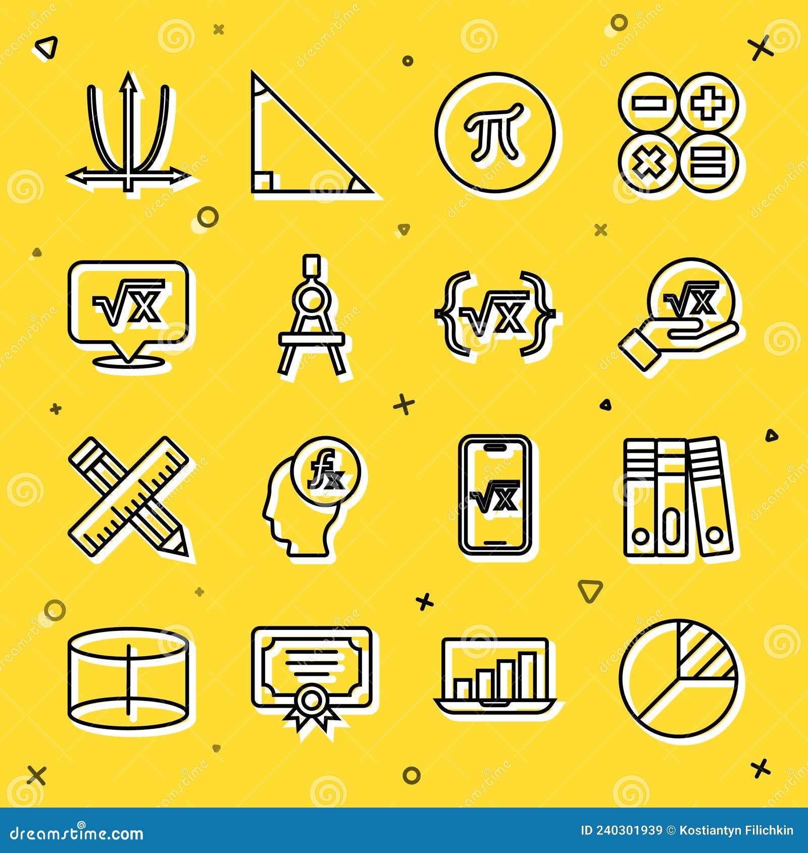 Set Line Pie Chart Infographic, Office Folders, Square Root of X Glyph ...