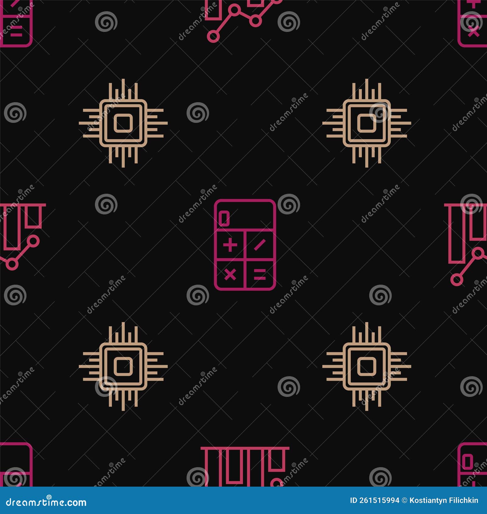 Set Line Pie Chart Infographic, Processor CPU and Calculator on Seamless Pattern. Vector Stock ...