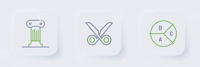 Set Line Pie Chart Infographic, Scissors and Law Pillar Icon. Vector ...