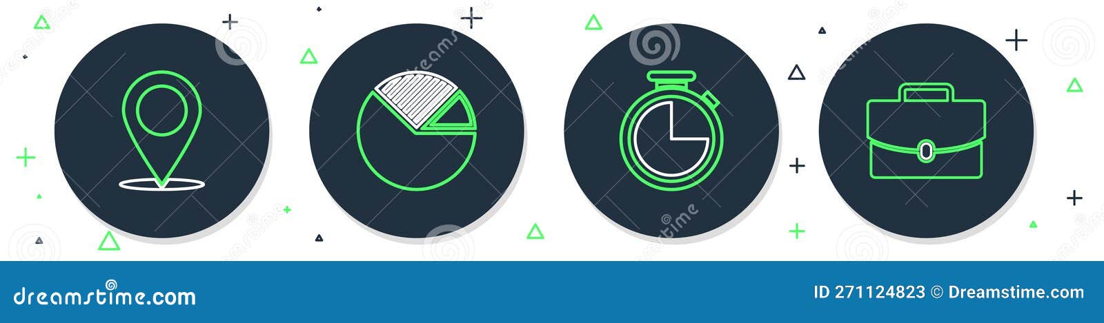 Set Line Pie Chart Infographic, Stopwatch, Map Pin and Briefcase Icon ...