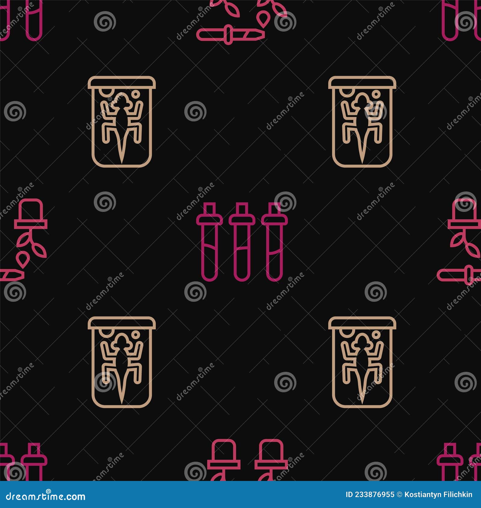 Set Line Pipette and Plant, Experimental Animal and Reagent Bottle on Seamless Pattern. Vector ...