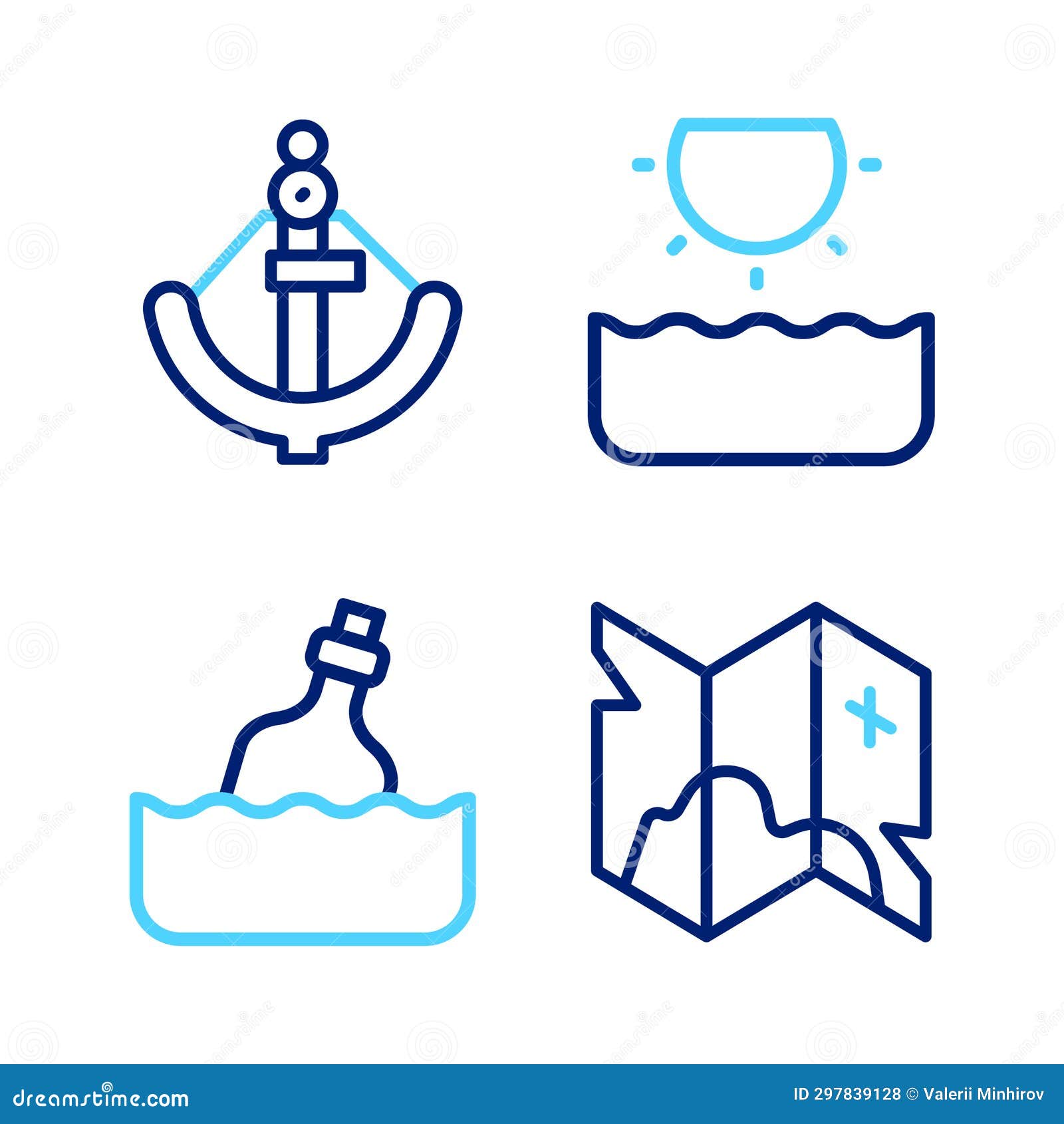 Set Line Pirate Treasure Map, Bottle with Message in Water, Sun and ...