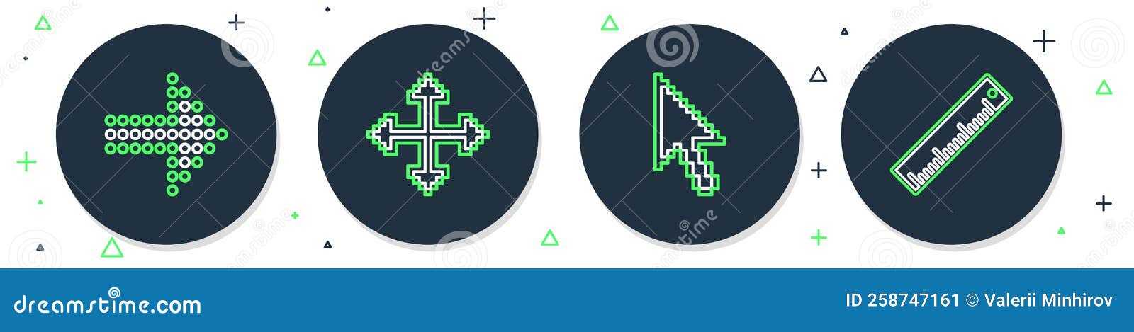 Set Line Pixel Arrows in Four Directions, Cursor, Dots and Ruler Icon ...