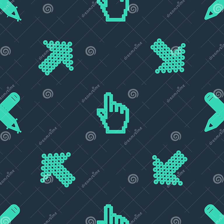 Set Line Pixel Hand Cursor, Dots Arrow and Crossed Pencil on Seamless ...