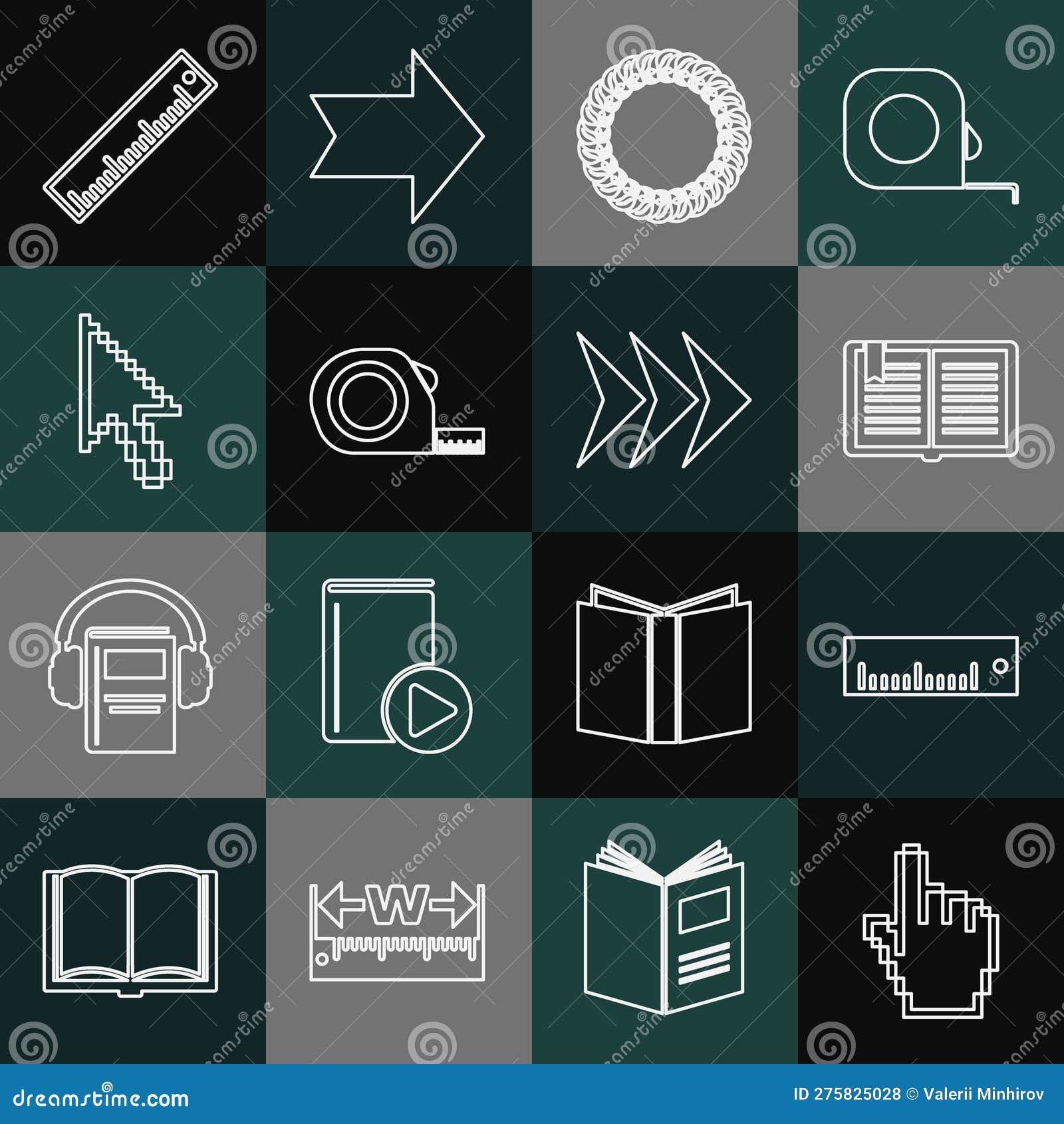 Set Line Pixel Hand Cursor, Ruler, Open Book, Laurel Wreath, Roulette ...