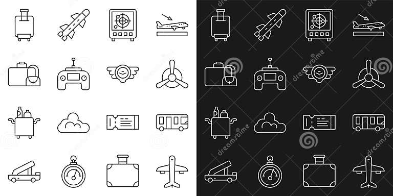Set Line Plane, Airport Bus, Propeller, Radar with Targets on Monitor ... Set Line Plane, Airport Bus, Propeller, Radar with Targets on Monitor ...